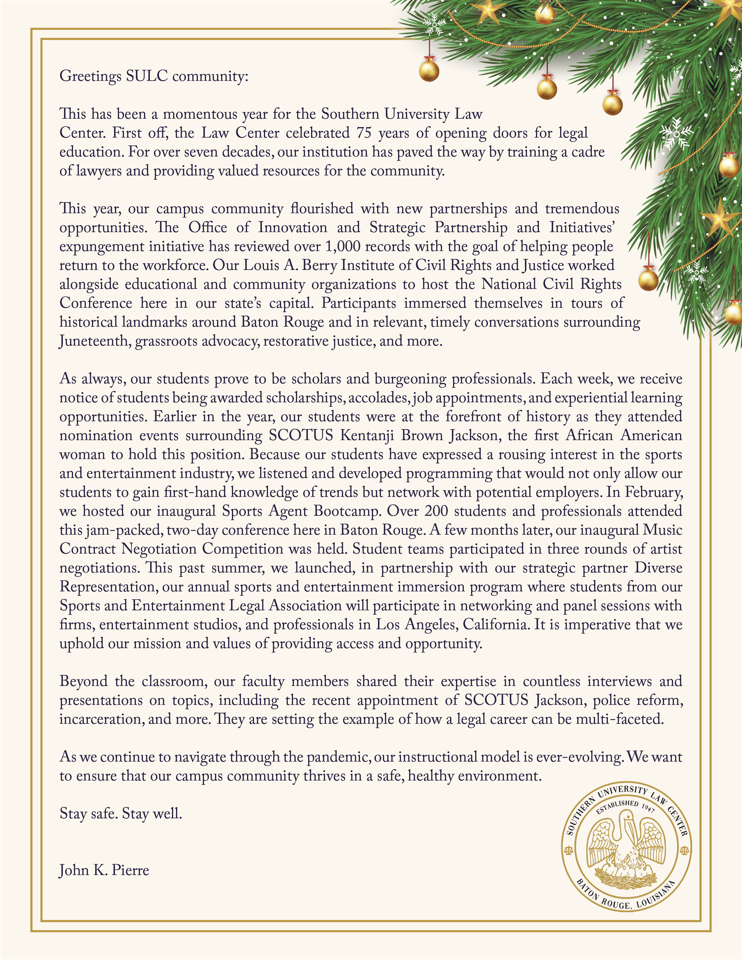 Holiday message from Chancellor John Pierre | Southern University System