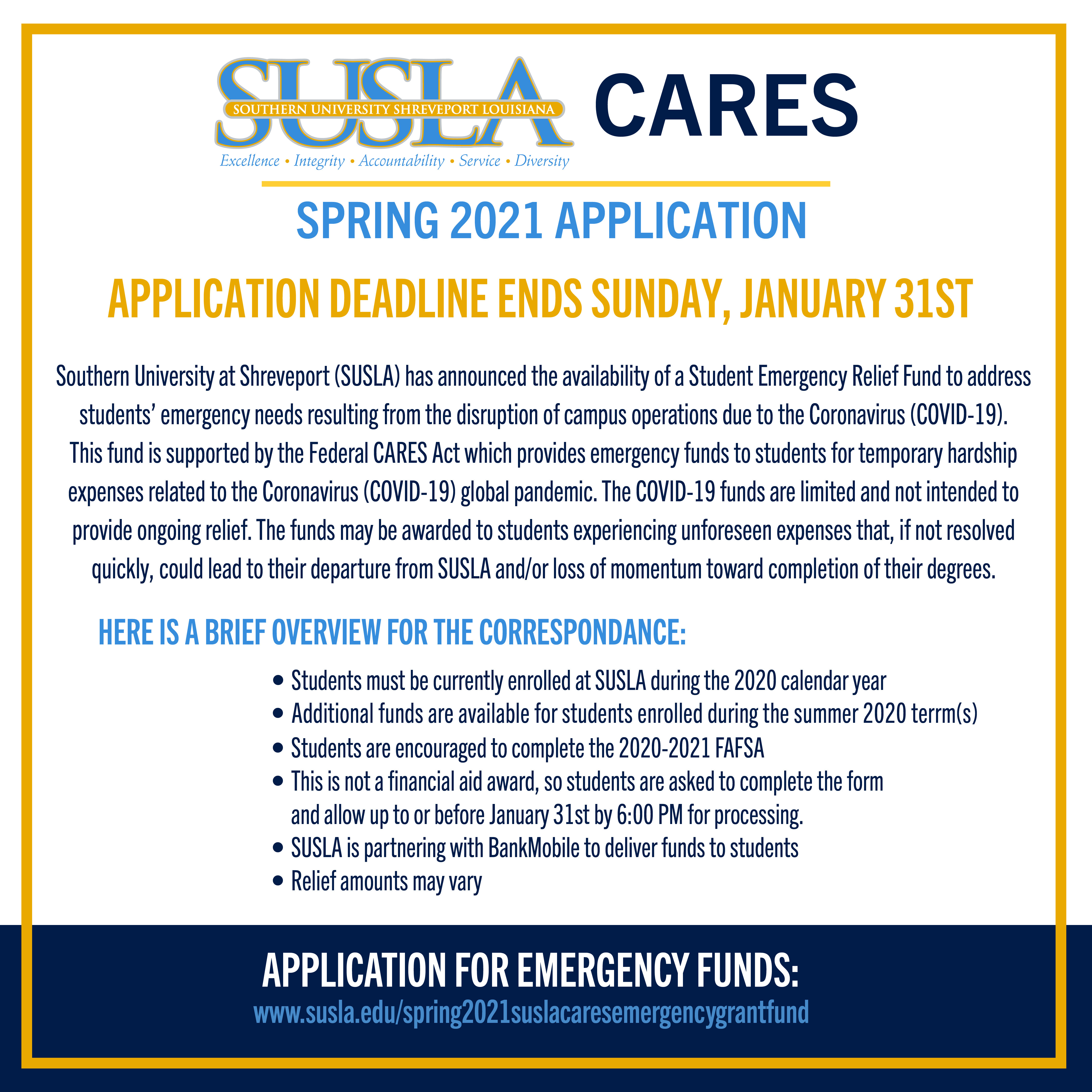 SUSLA Cares Spring 2021 Emergency Grant Funds | Southern University System